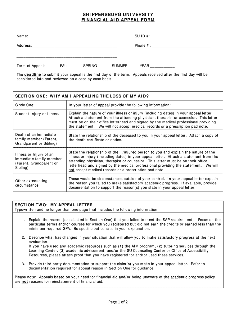 Fillable Online Writing A Successful SAP Appeal - Shippensburg ...