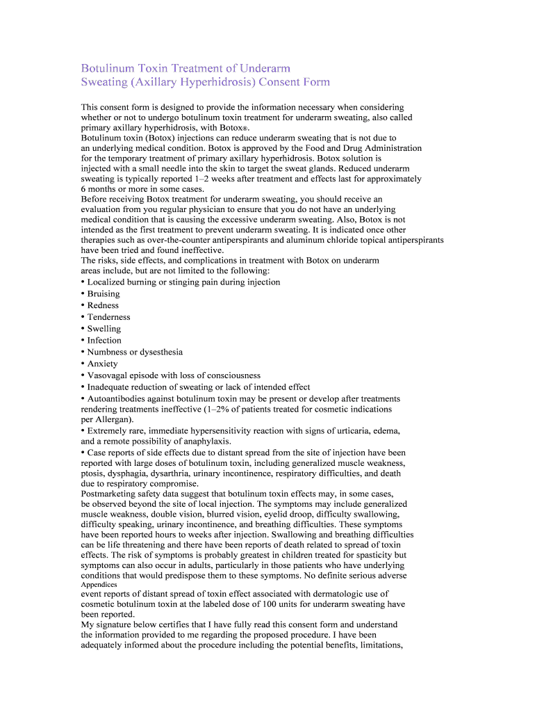 Fillable Online Botulinum Toxin Treatment of excessive sweating consent ...