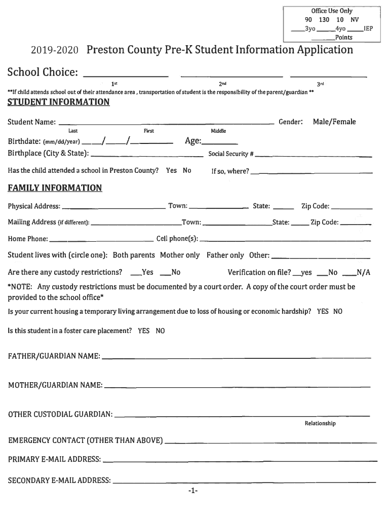 Fillable Online preston-k12 wvnet Office Use Only Points 2019-2020 Preston County Pre-K Student ...