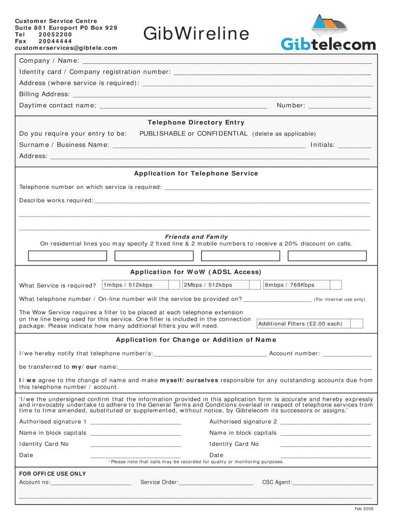 Fillable Online GibWireline - gibyellow.gi Fax Email Print - pdfFiller