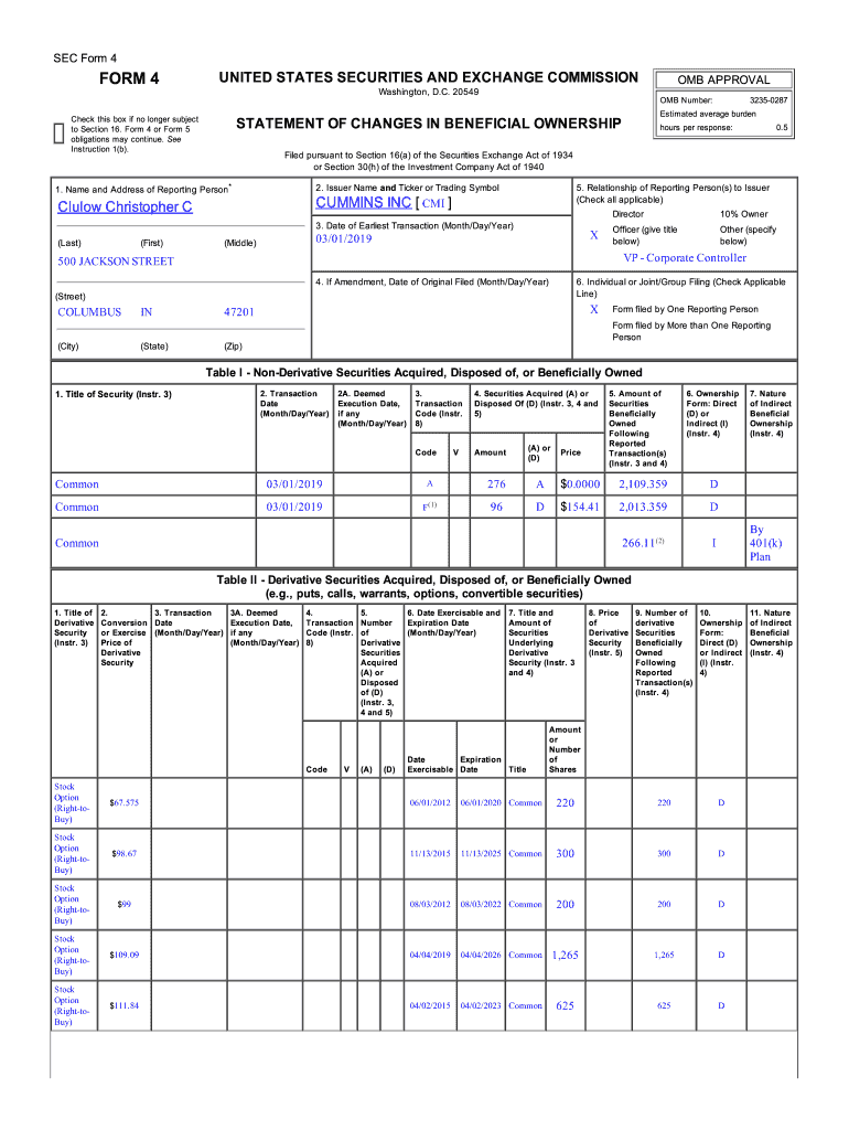 Fillable Online FORM 4 - Cummins, Inc. Fax Email Print - pdfFiller
