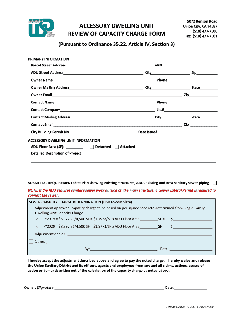 Fillable Online ADU Sewer Capacity Application - Union Sanitary ...