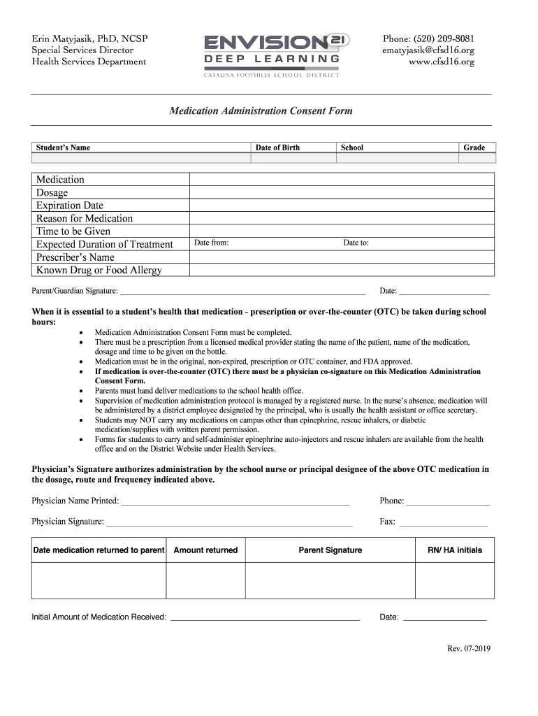 Fillable Online CFSD Medication Administration Consent Form Fax Email ...