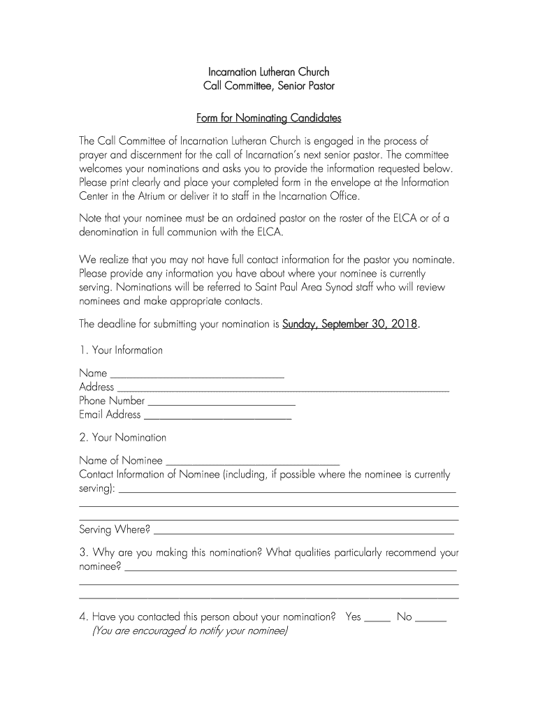 Fillable Online Incarnation Lutheran Church Call Committee, Senior ...