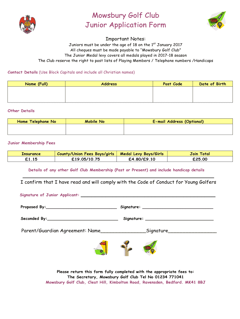 Fillable Online Mowsbury Golf Club Junior Application Form - Microsoft ...