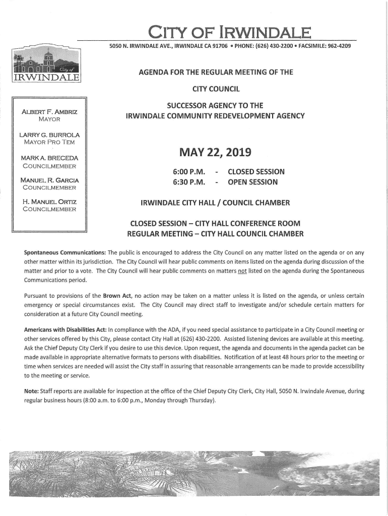 Fillable Online Irwindale City Hall - 5050 Irwindale Ave, Irwindale, CA ...