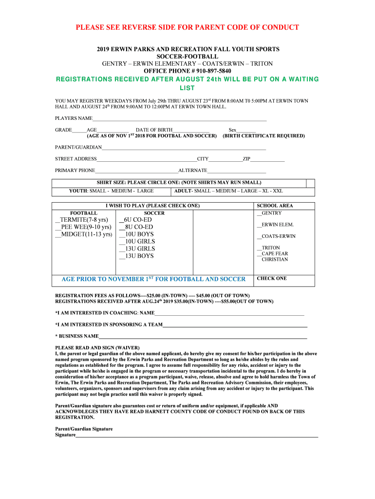 Fillable Online 2019 ERWIN PARKS AND RECREATION FALL YOUTH SPORTS Fax ...