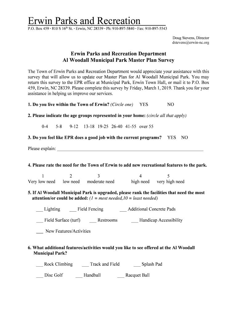 Fillable Online Erwin Parks and Rec receives positive feedback on park ...