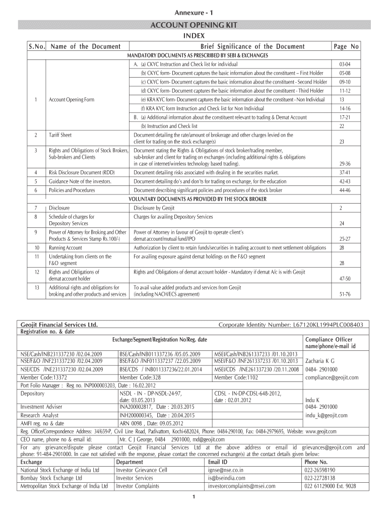 Fillable Online Annexure - 1 ACCOUNT OPENING KIT INDEX S. No. Name of ...