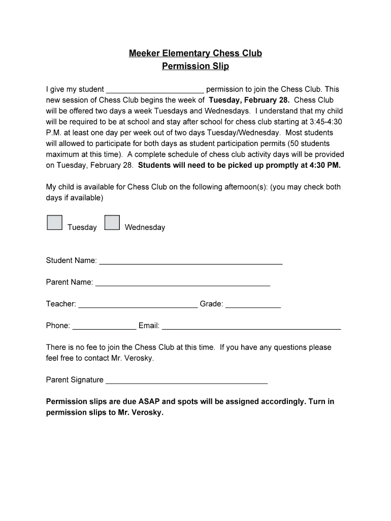 Fillable Online CHESS CLUB PERMISSION FORM My child(ren) - Edl.io Fax ...