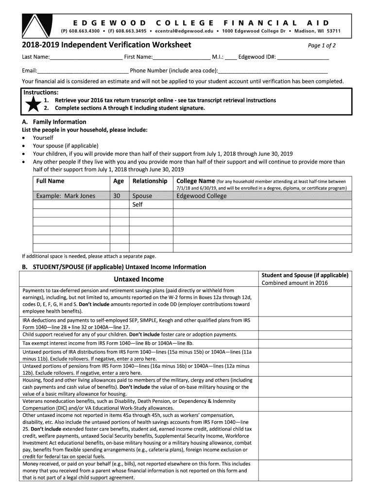 Fillable Online 1819 Verif Worksheet IND with DRT and transcript ...
