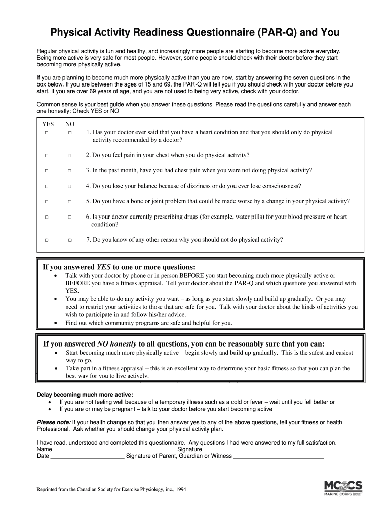 Fillable Online Physical Activity Readiness Questionnaire (PAR-Q) - MCCS Okinawa Fax Email Print ...