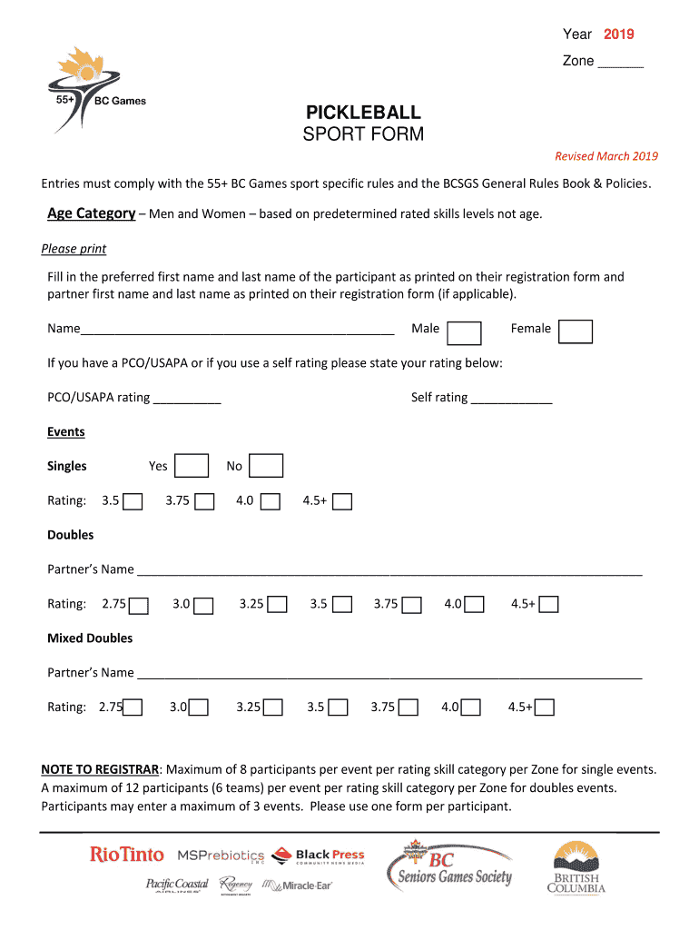 Fillable Online PICKLEBALL SPORT FORM - 55plusbcgames.org Fax Email ...