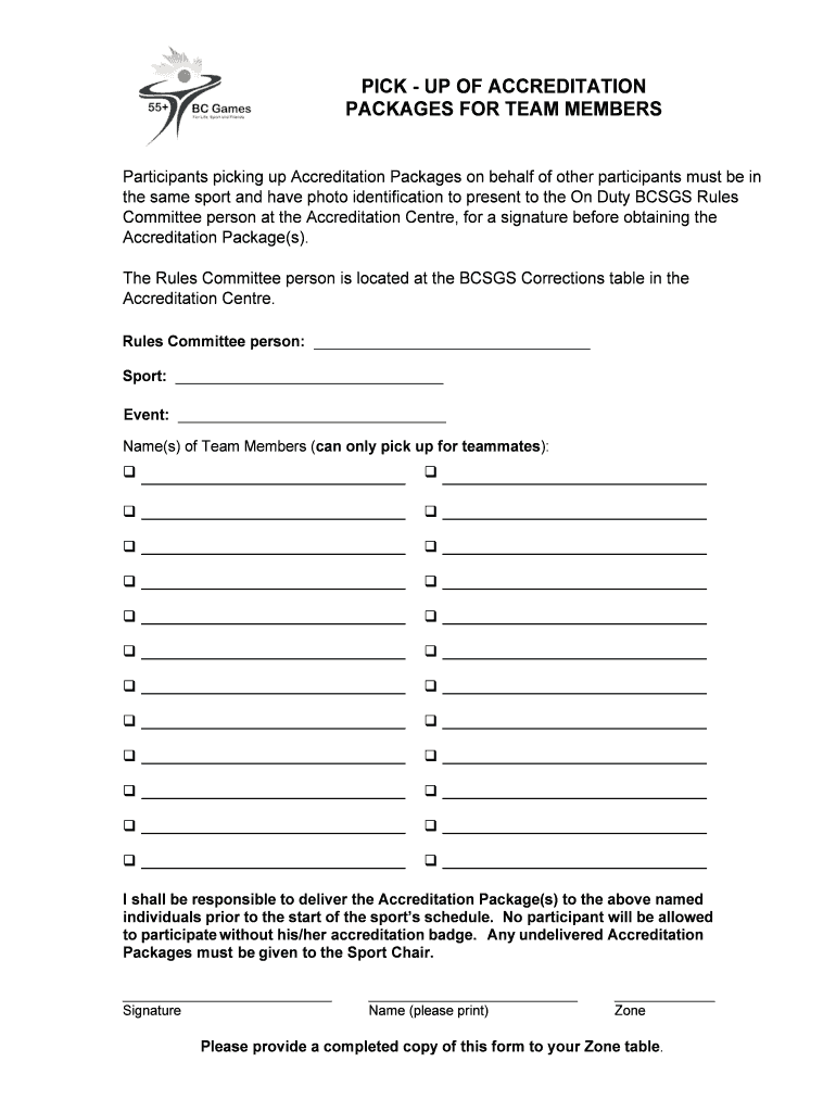 Fillable Online pick - up of accreditation packages for team members ...