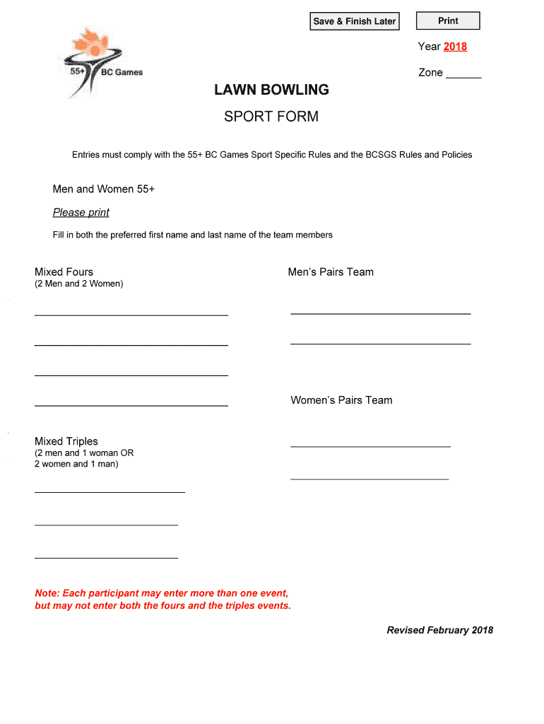 Fillable Online SPORT FORM LAWN BOWLING Zone Year - 55plusbcgames.org ...