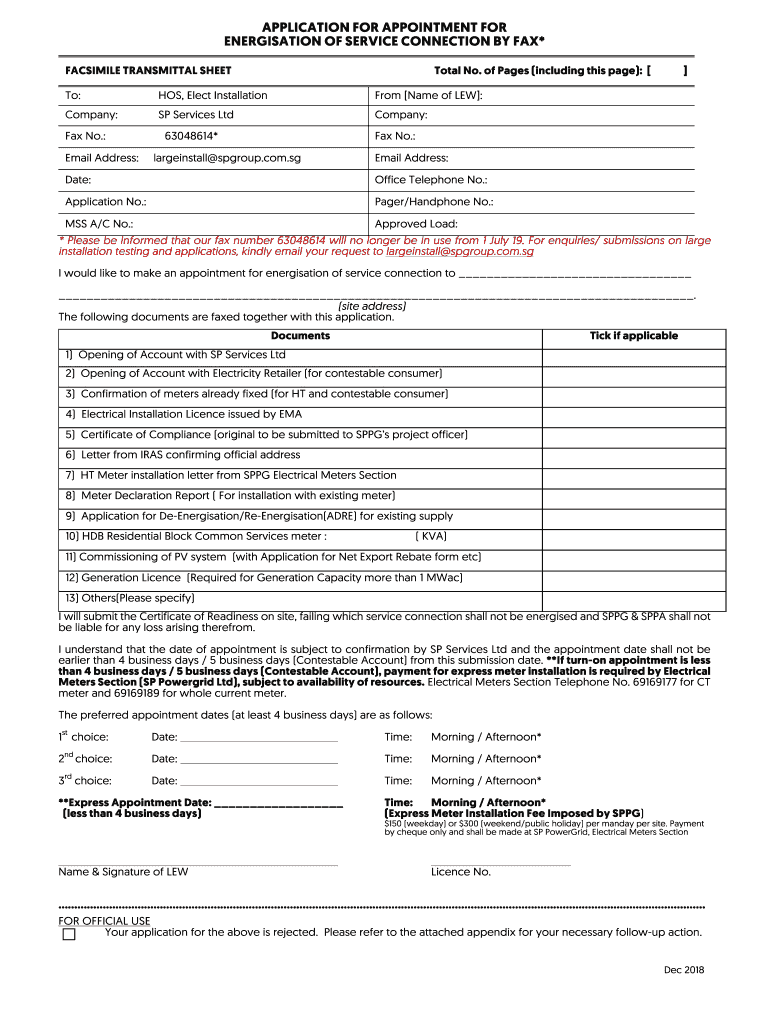Fillable Online Form Application for Appointment for Energisation of ...