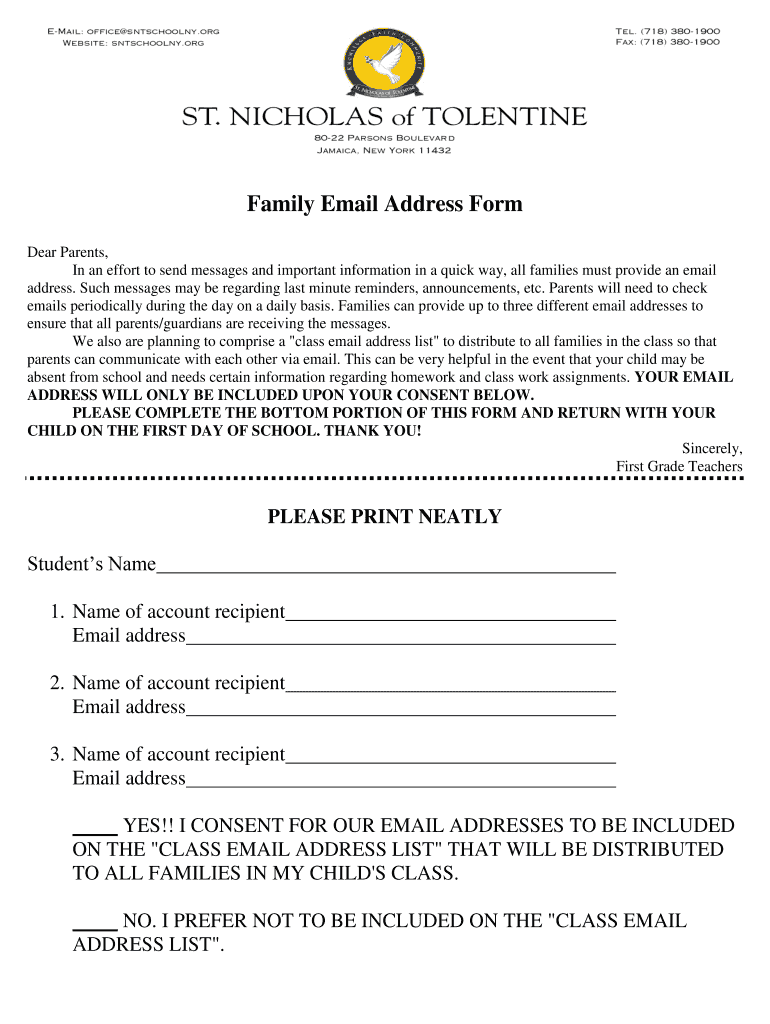 Fillable Online Family Email Address Form - sntschoolny.org Fax Email ...