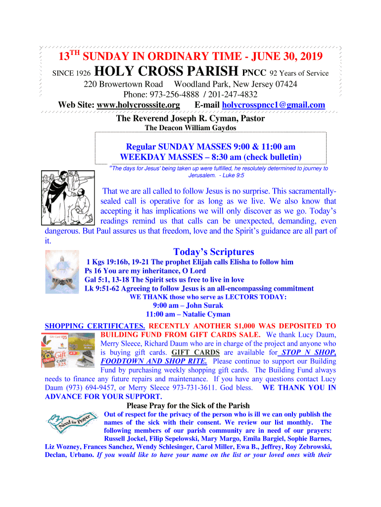 Fillable Online Holy Cross Parish PNCC, 220 Browertown Rd, Woodland ...