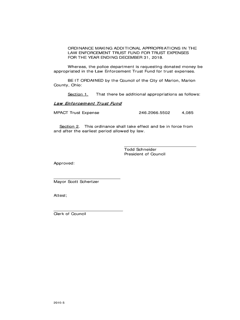 Fillable Online ORDINANCE MAKING ADDITIONAL APPROPRIATIONS IN THE LAW ...
