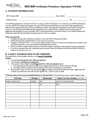 Fillable Online FAFSA Verification Worksheet - State Fair Community ...