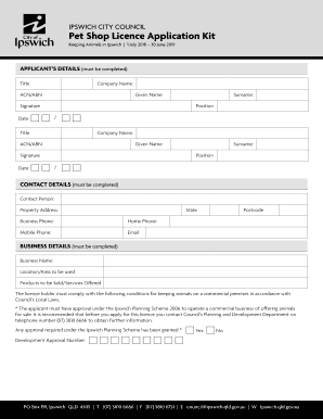 Fillable Online IPSWICH CITY COUNCIL Pet Shop Licence Application Kit ...