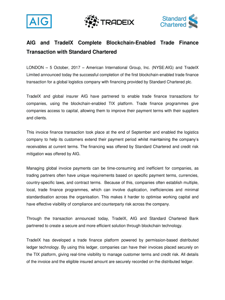 Fillable Online AIG and TradeIX Complete Blockchain-Enabled Trade ...