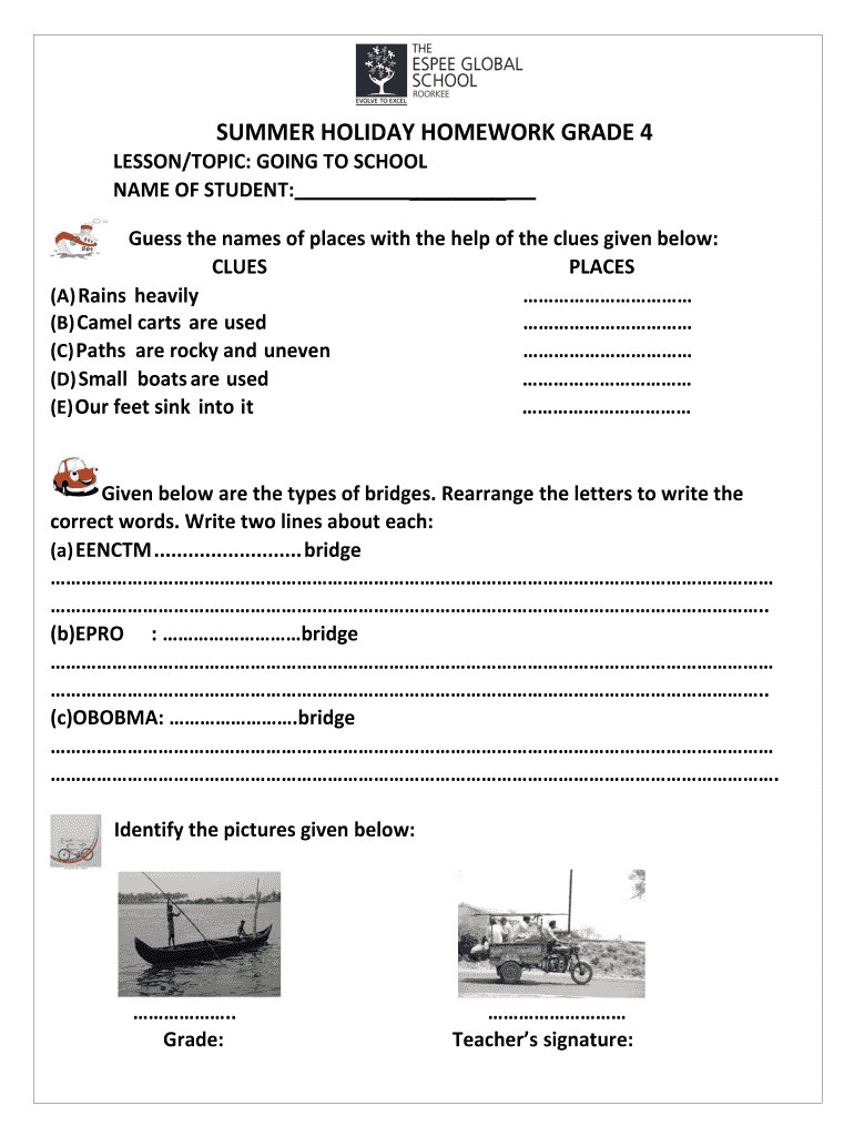 Fillable Online summer holiday homework grade 4 - The Espee Global ...