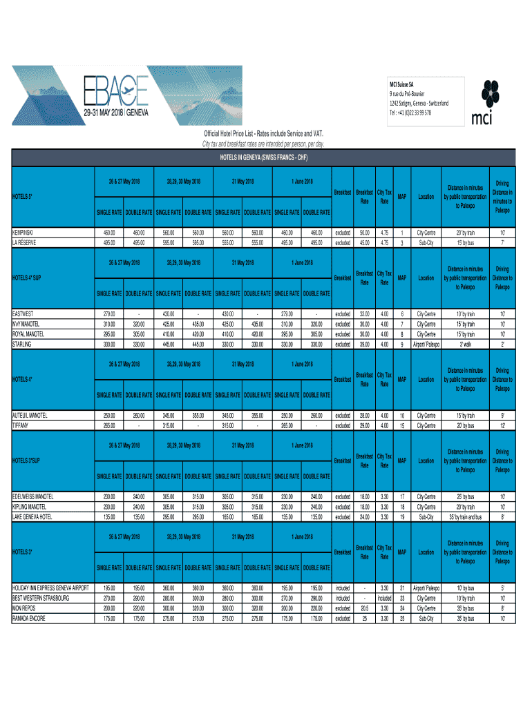 Fillable Online Official Hotel Price List - Rates include Service and ...