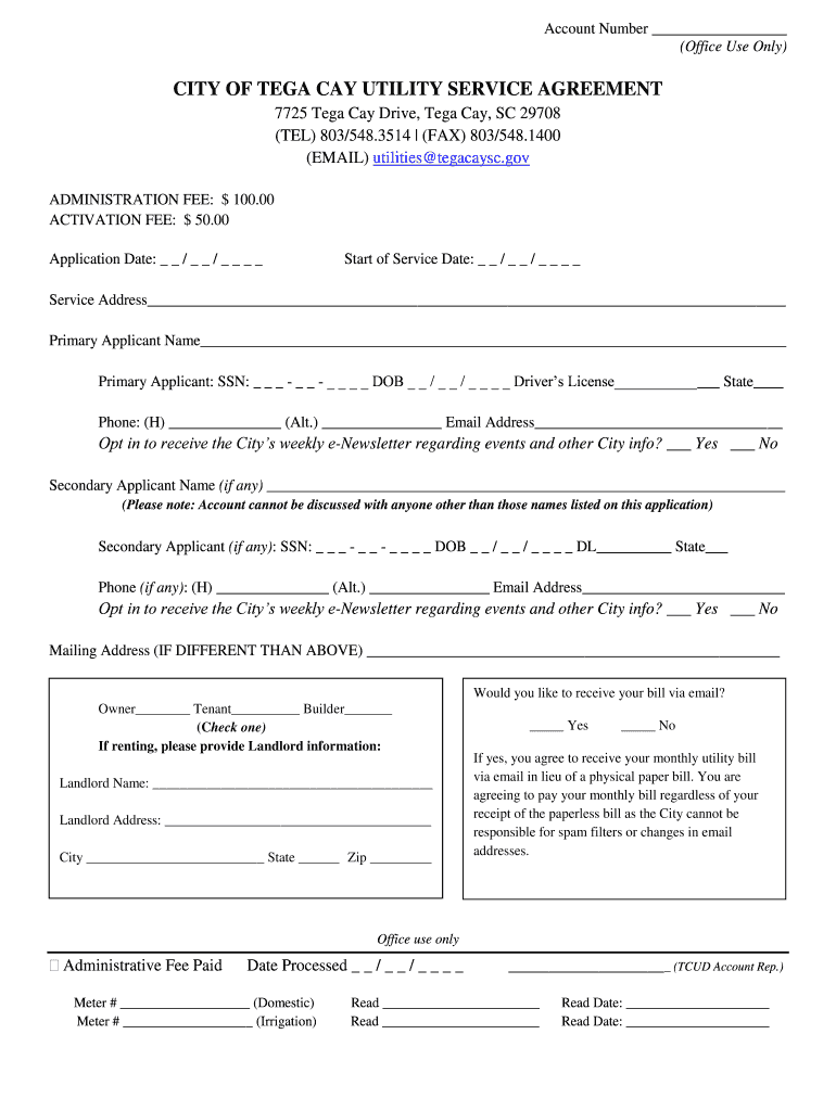 Fillable Online city of tega cay utility service agreement - Tega Cay ...