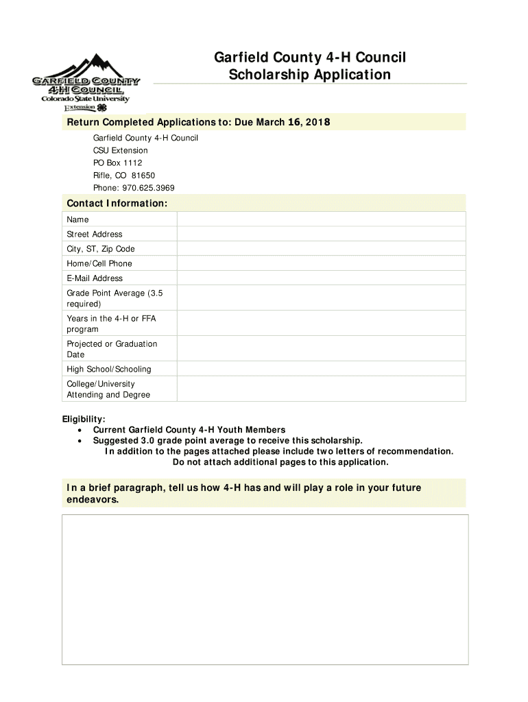Fillable Online Garfield County 4-H Council Scholarship Application Fax Email Print - pdfFiller