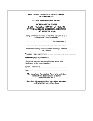 Fillable Online NOMINATION FORM FOR THE ELECTION OF OFFICERS AT THE ...