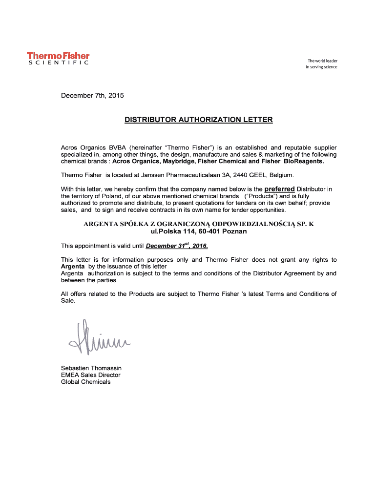 Fillable Online DISTRIBUTOR AUTHORIZATION LETTER Fax Email Print ...