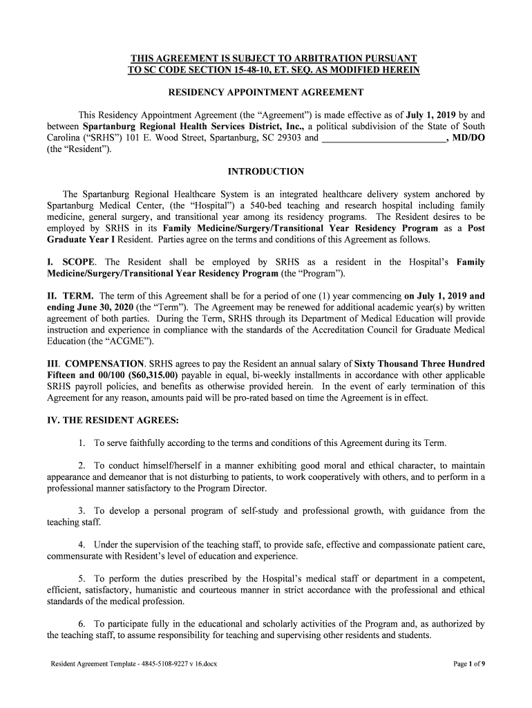 Fillable Online Sample Residency Agreement - spartanburgregional.com ...