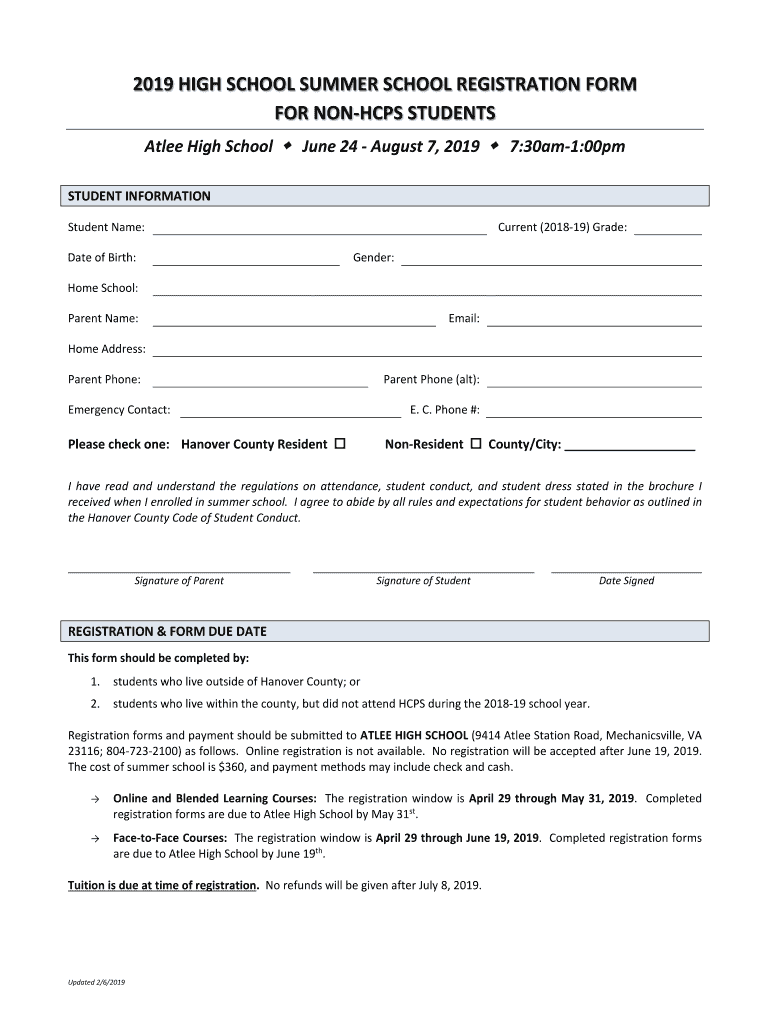 Fillable Online 2019 High School Summer School Registration Form for ...