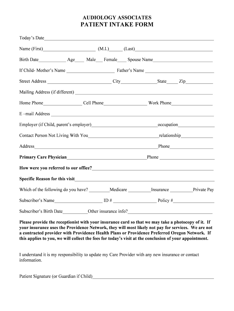 Audiology Associates Patient Intake Form - Blank Fillable Template ...