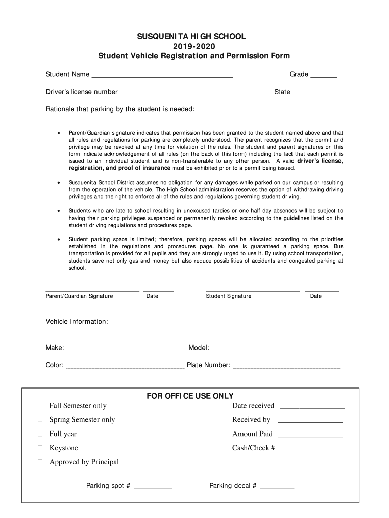 Fillable Online Student Vehicle Registration and Permission Blank Fax ...