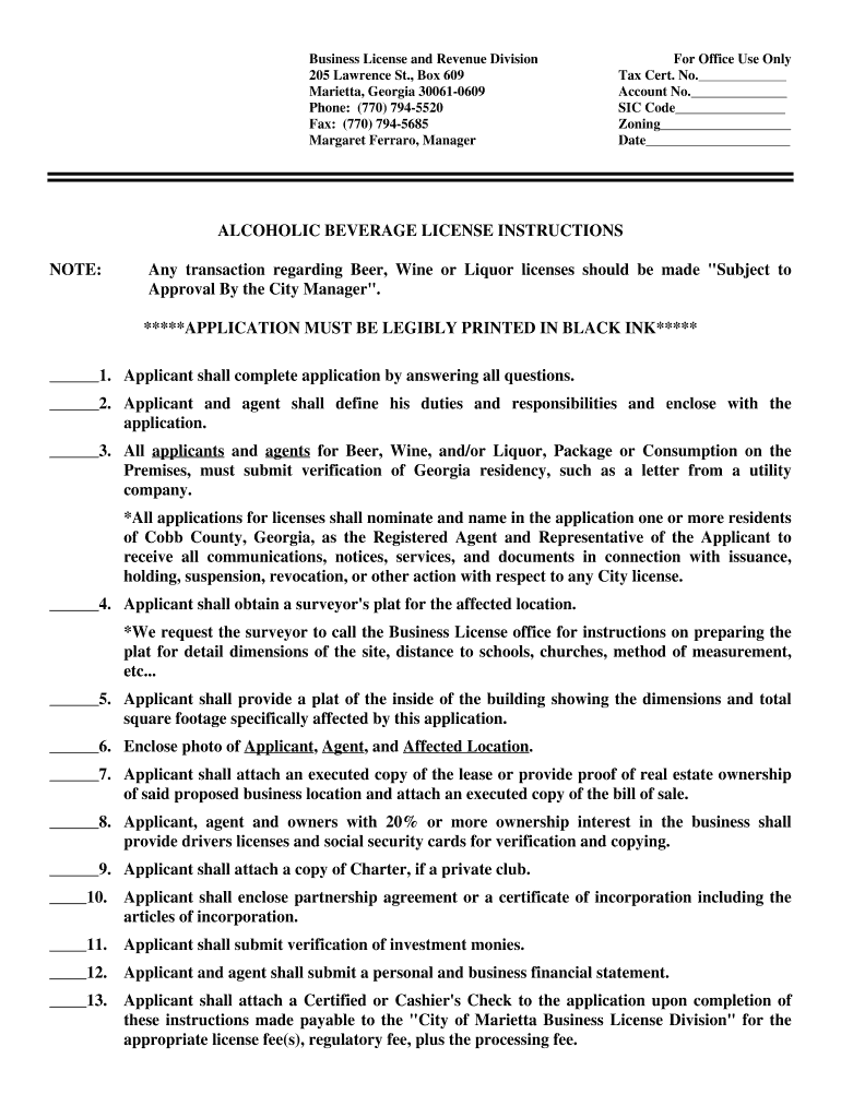 Fillable Online Alcoholic Beverage License Application - Marietta, GA Fax Email Print - pdfFiller
