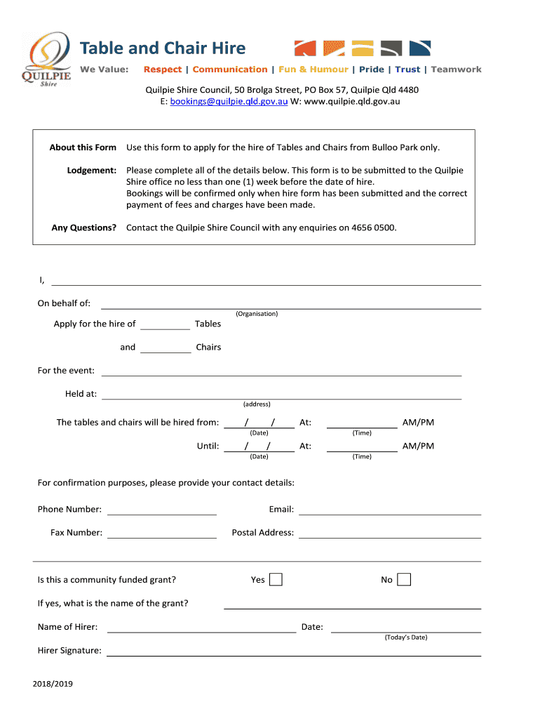 Fillable Online quilpie qld gov Table and Chair Hire Fax Email Print ...