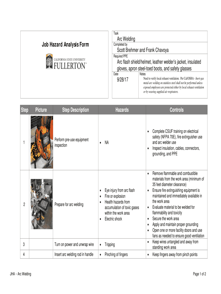 Fillable Online ehis fullerton Task Arc Welding Job Hazard Analysis ...