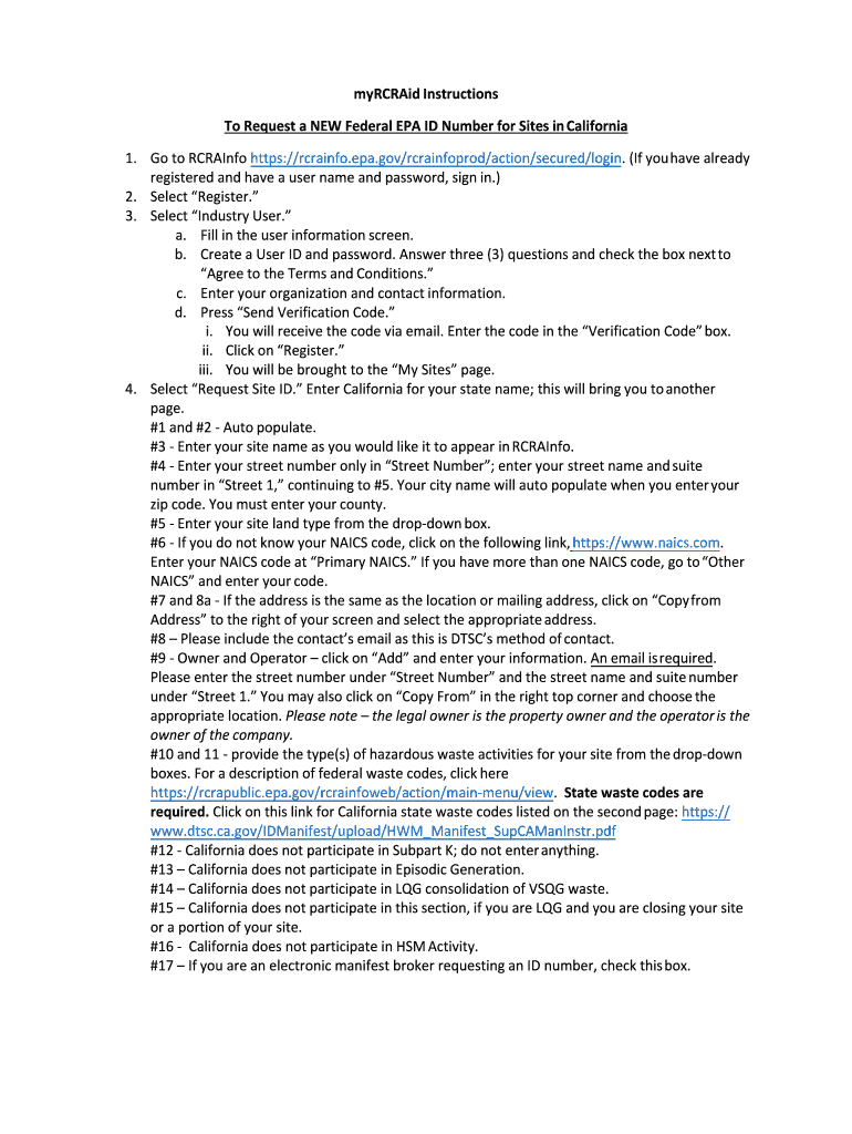 Fillable Online dtsc ca myRCRAid Instructions To Request a NEW Federal ...
