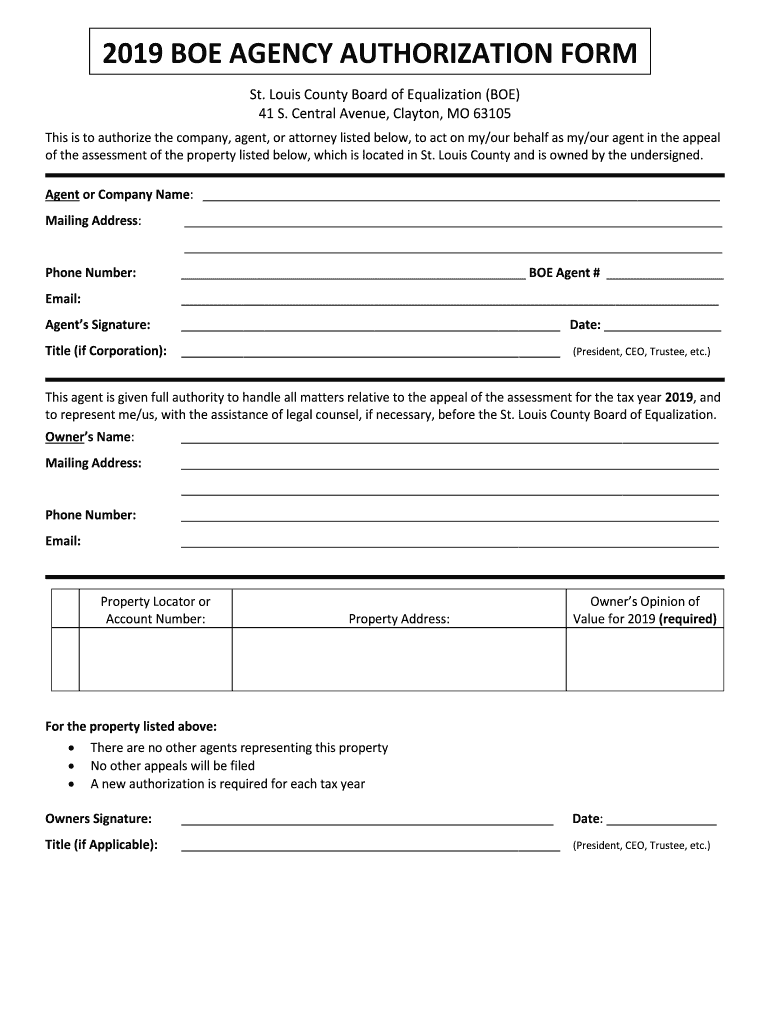 Fillable Online 2019 boe agency authorization form - St. Louis County Fax Email Print - pdfFiller