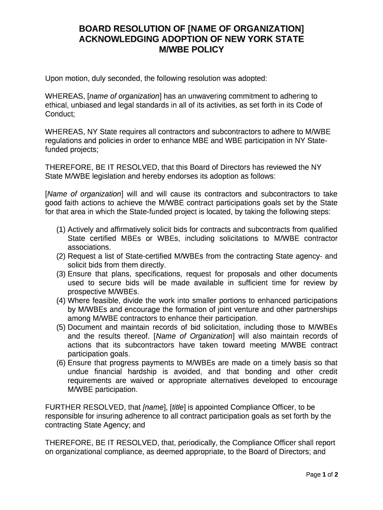 MWBE Board Resolution Template - New York State Doc Template | pdfFiller