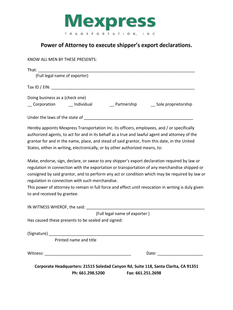 Fillable Online Power of Attorney to execute shippers export ...