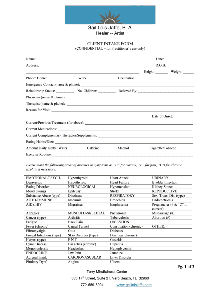 Fillable Online Gail Lois Jaffe, P. A. Healer -- Artist CLIENT INTAKE ...