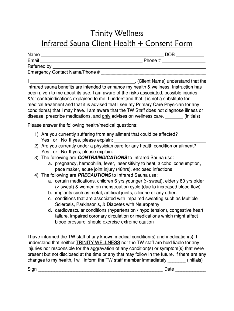 Fillable Online Trinity Wellness Infrared Sauna Client Health + Consent ...