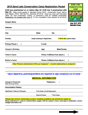 Fillable Online 2019 Sand Lake Conservation Camp Registration Packet ...