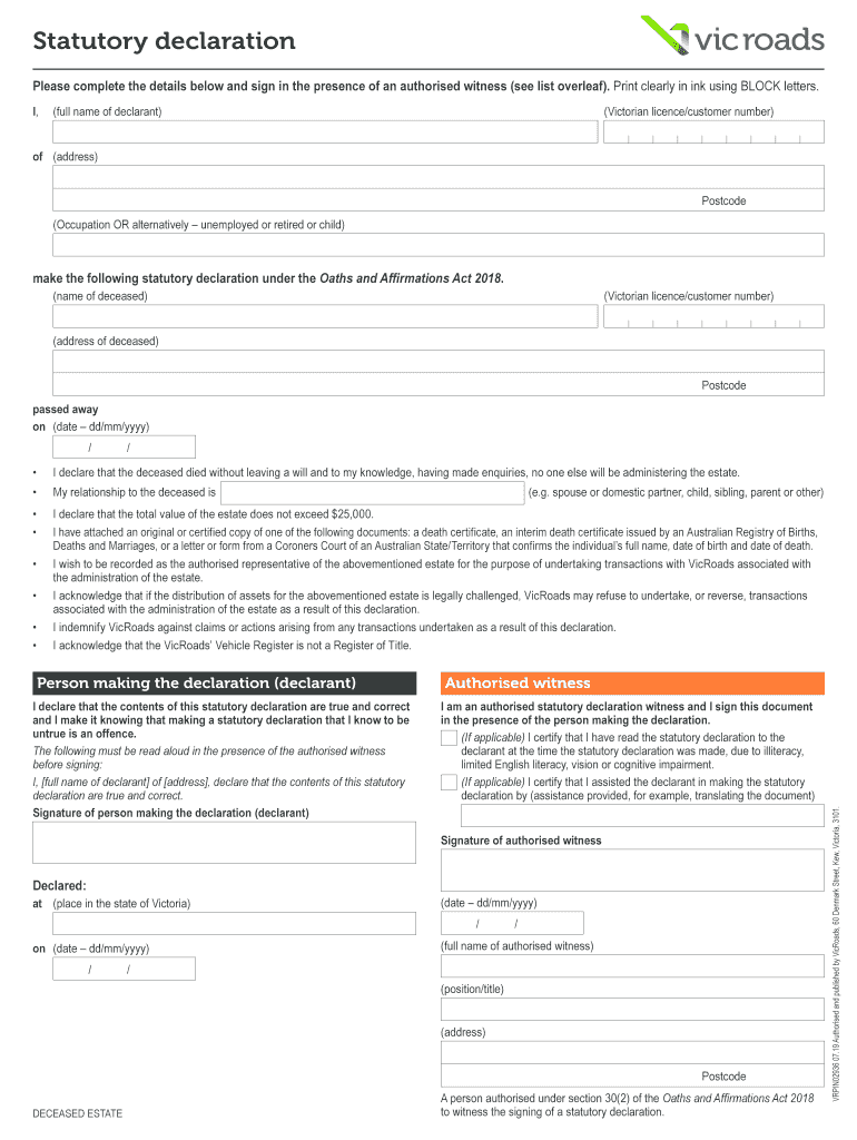 Fillable Online State of Victoria - Evidence Act Statutory Declaration ...