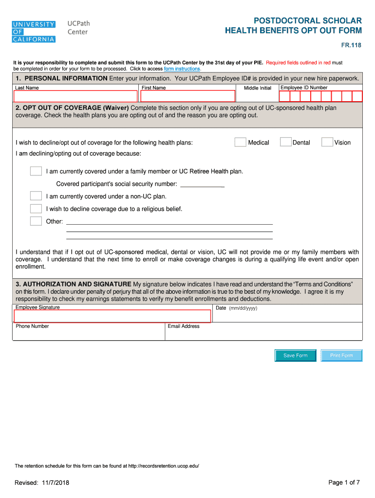 Fillable Online FR.118 - Postdoctoral Scholar Health Benefits Opt Out ...