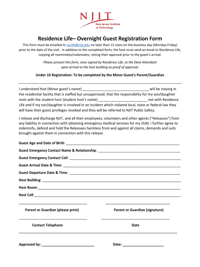 Fillable Online Residence Life Overnight Guest Registration Form Fax ...