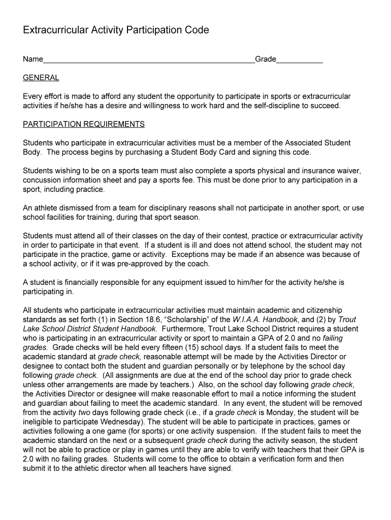 Fillable Online Student Code of Conduct for Extracurricular Activities ...
